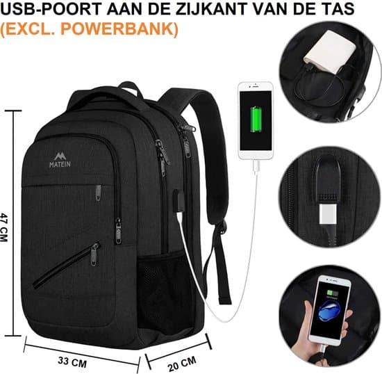 Matein Rugzak met USB Oplaadpoort 36L Zwart Luxe Laptop Rugtas 17.3 ...